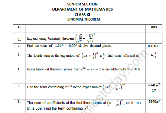 CBSE Class 11 Mathematics Binomial Theorem Worksheet Set B